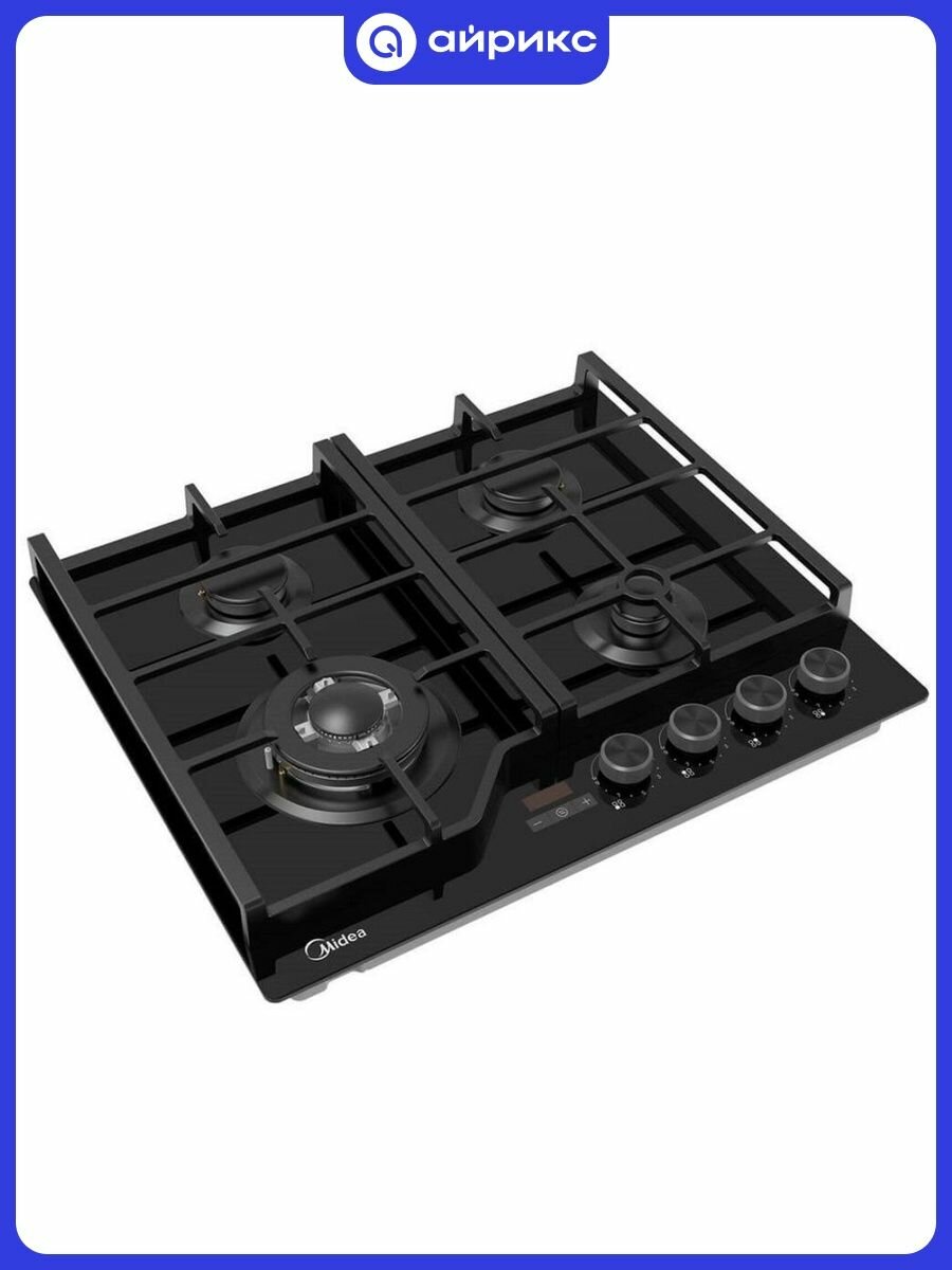 Газовая варочная панель MIDEA MG697TTGB, 60 см, WOK-конфорка, чугунные решетки, автоподжиг, газконтроль