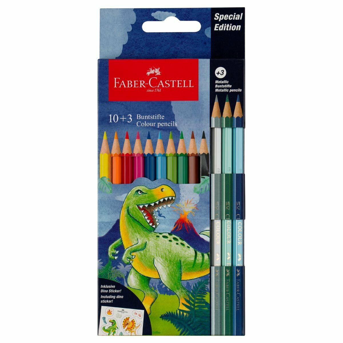 Карандаши цветные 13 цветов Faber-Castell Dinosaur (10+3 цв. металл. + наклейки) картон (111213)
