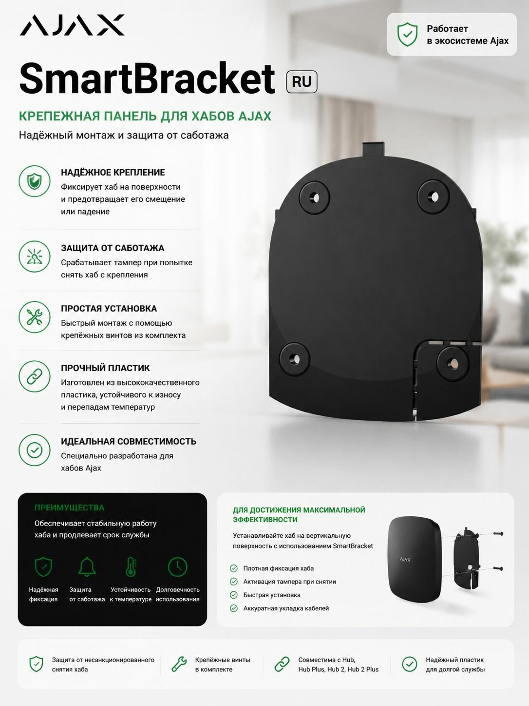 Крепежная панель SmartBracket black для Ajax Hub, Hub Plus, Hub 2, Hub 2 Plus