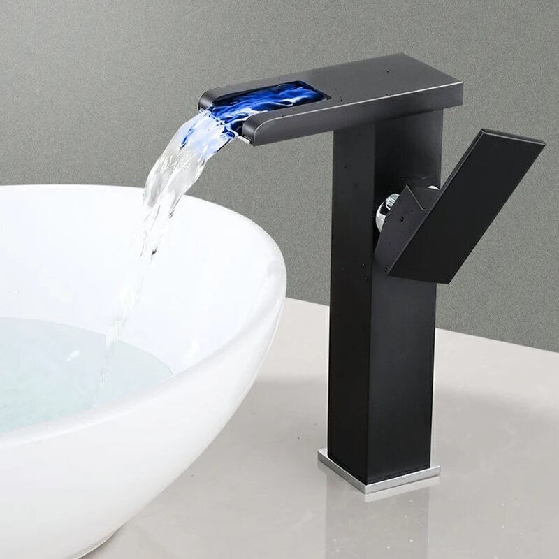 Бронзовый смеситель для ванной basin sink faucet водопадный смеситель для basin faucet с диодной подсветкой смеситель для раковины в ванной комнате для раковины в ванной комнате - черный - высокий