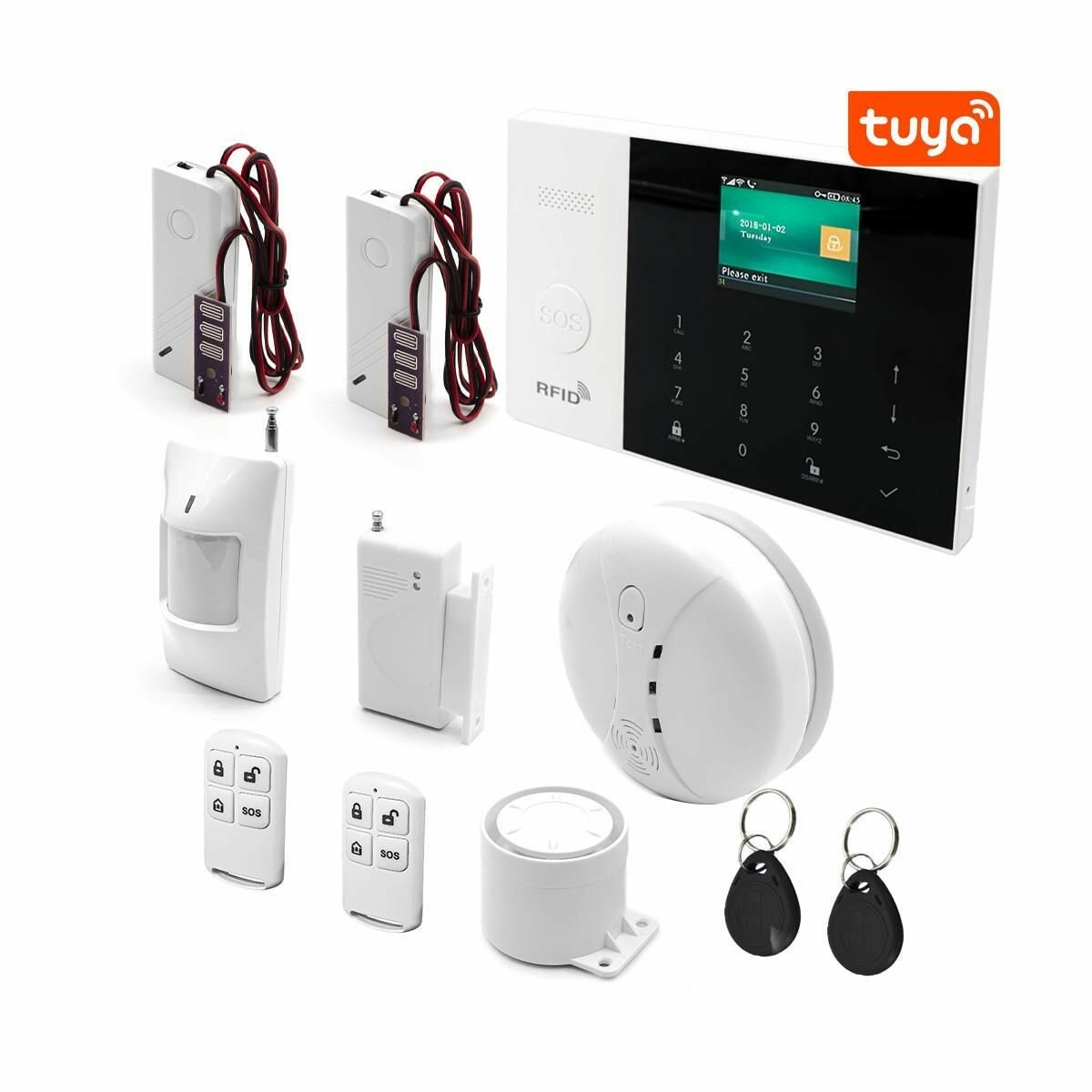 Система: охранно-пожарная звуковая TUYA GSM / WiFi сигнализация Страж Шериф-GSM-10 (TUYA) (K6576RU) с 10 беспроводными датчиками в наборе для дачи и коттеджа.
