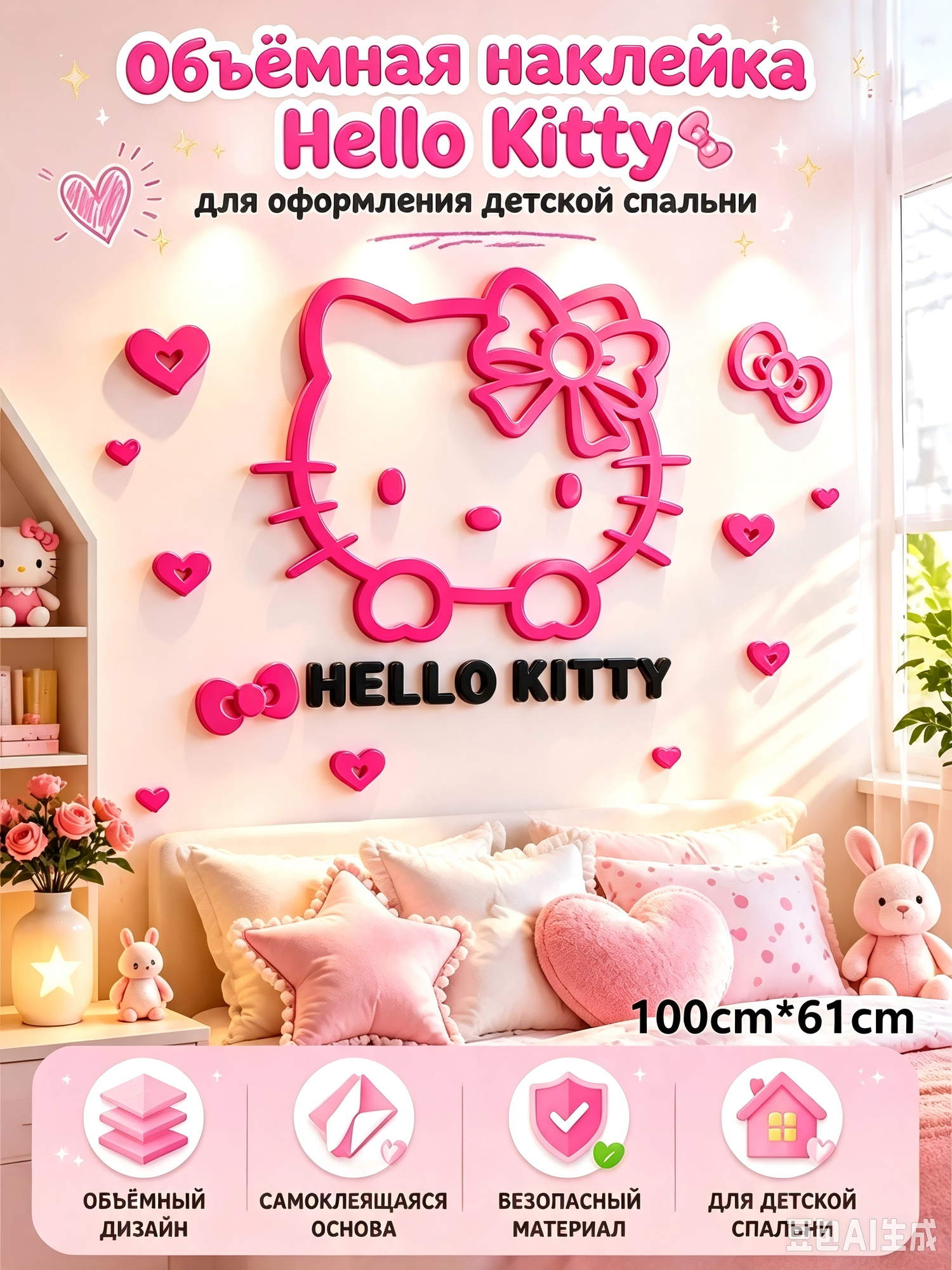 Розовая акриловая объёмная наклейка Hello Kitty, настенной декор для детской комнаты девочки, размер 100 61 см