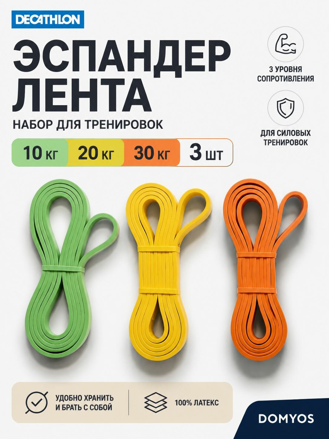 Эспандер лента для фитнеса Decathlon DOMYOS 10/20/30 кг, набор резинок сопротивления для тренировок