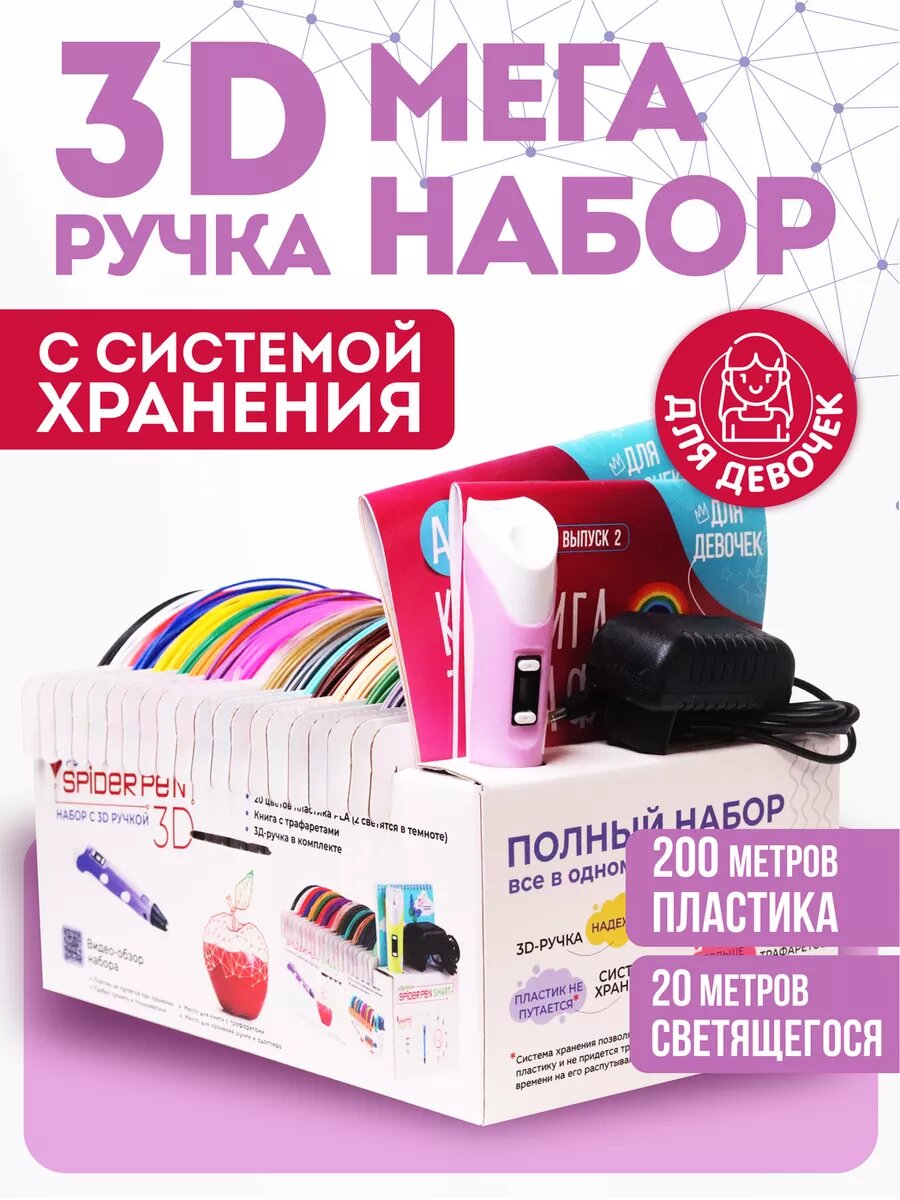 3Д ручка с набором пластика и трафаретами для девочек