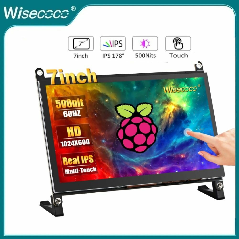 Wisecoco Пиксельный экран 7" сенсорный монитор для Raspberry Pi HDMI IPS 1024 x 600 Мини ЖК-дисплей для RPI Pi 5/4B/3B 2 Zero B+ Windows Driver-Free, шоколадный