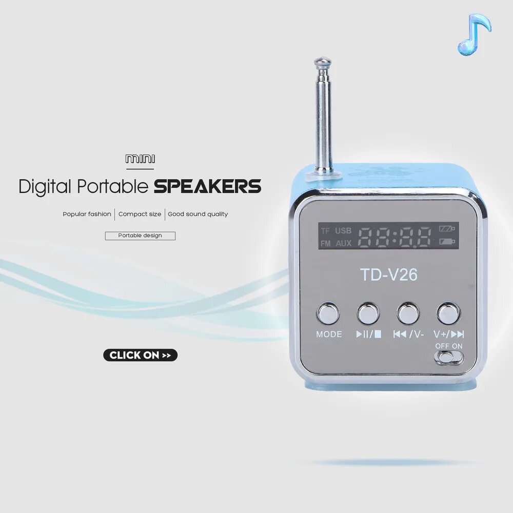 MP3-плеер, синий, портативная цифровая колонка с micro sd, usb и fm радио — фото 1