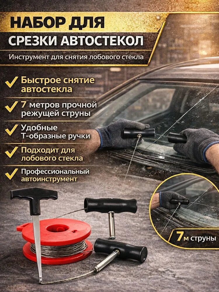 Струна для срезки автомобильных стекол с держателем, набор для демонтажа лобового стекла, 7 метров струны, 2 съемника, 1 резак для автостекол, инструмент для снятия стекол