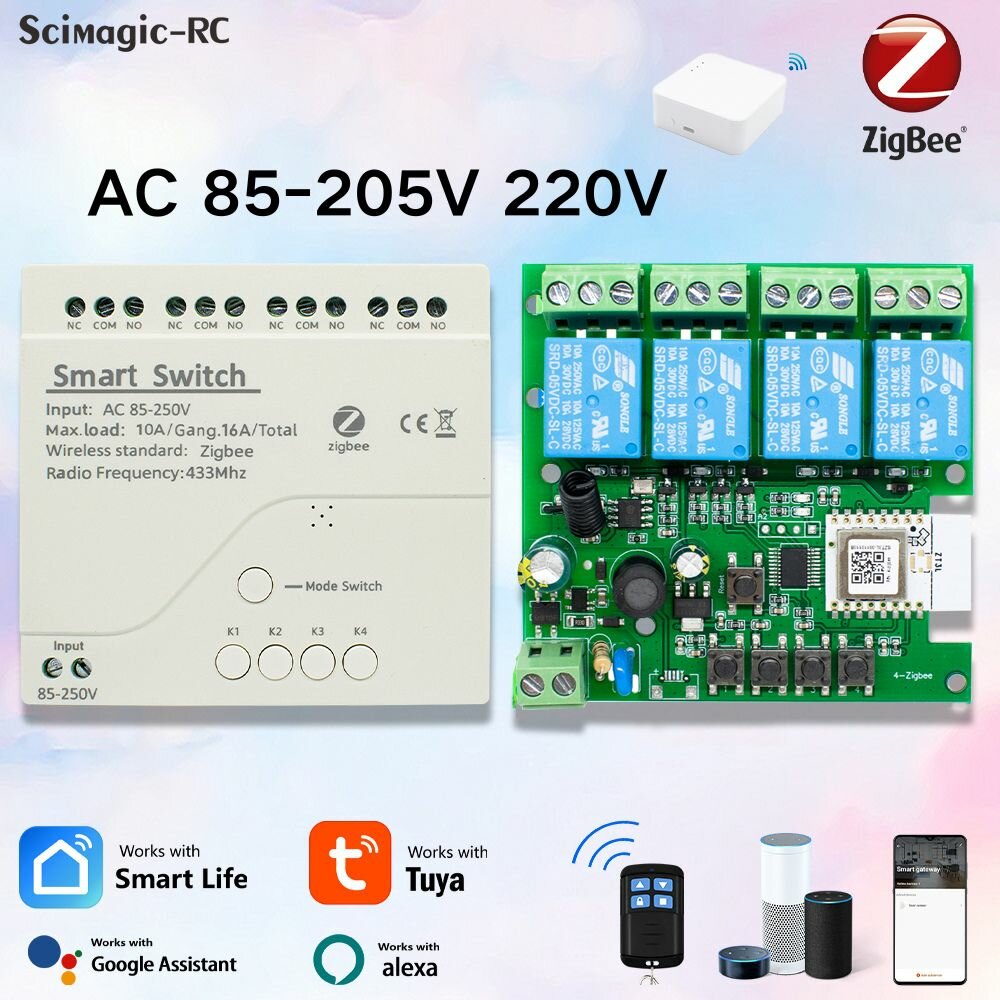 Zigbee умный реле модуль 4CH AC 85-250V 10A, беспроводной переключатель для умного дома, голосовое управление Alexa Google Home, работа с Tuya Smart Life (Без пульт) реле 4CH zigbee 10A смарт реле tuya