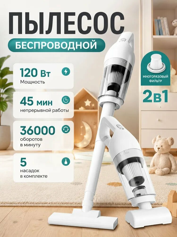 Пылесос вертикальный беспроводной 2 в 1 для дома и авто / Многофункциональный мощный ручной пылесос для уборки