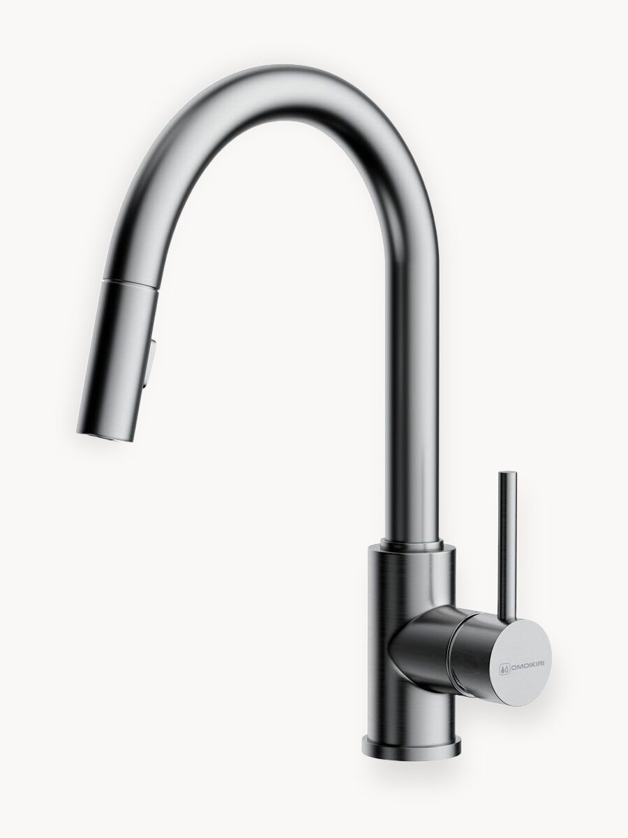 Смеситель для кухни OMOIKIRI Shinagawa-SB-BN с вытяжным изливом и кнопкой переключения струя-душ / нержавеющая сталь