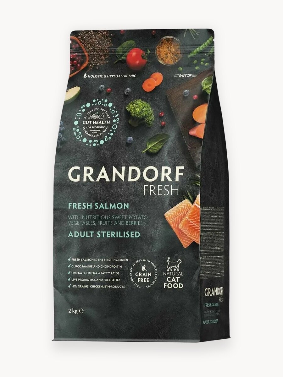 Сухой корм GRANDORF Fresh STERILISED для стерилизованных кошек, свежее филе лосося и батат 2кг