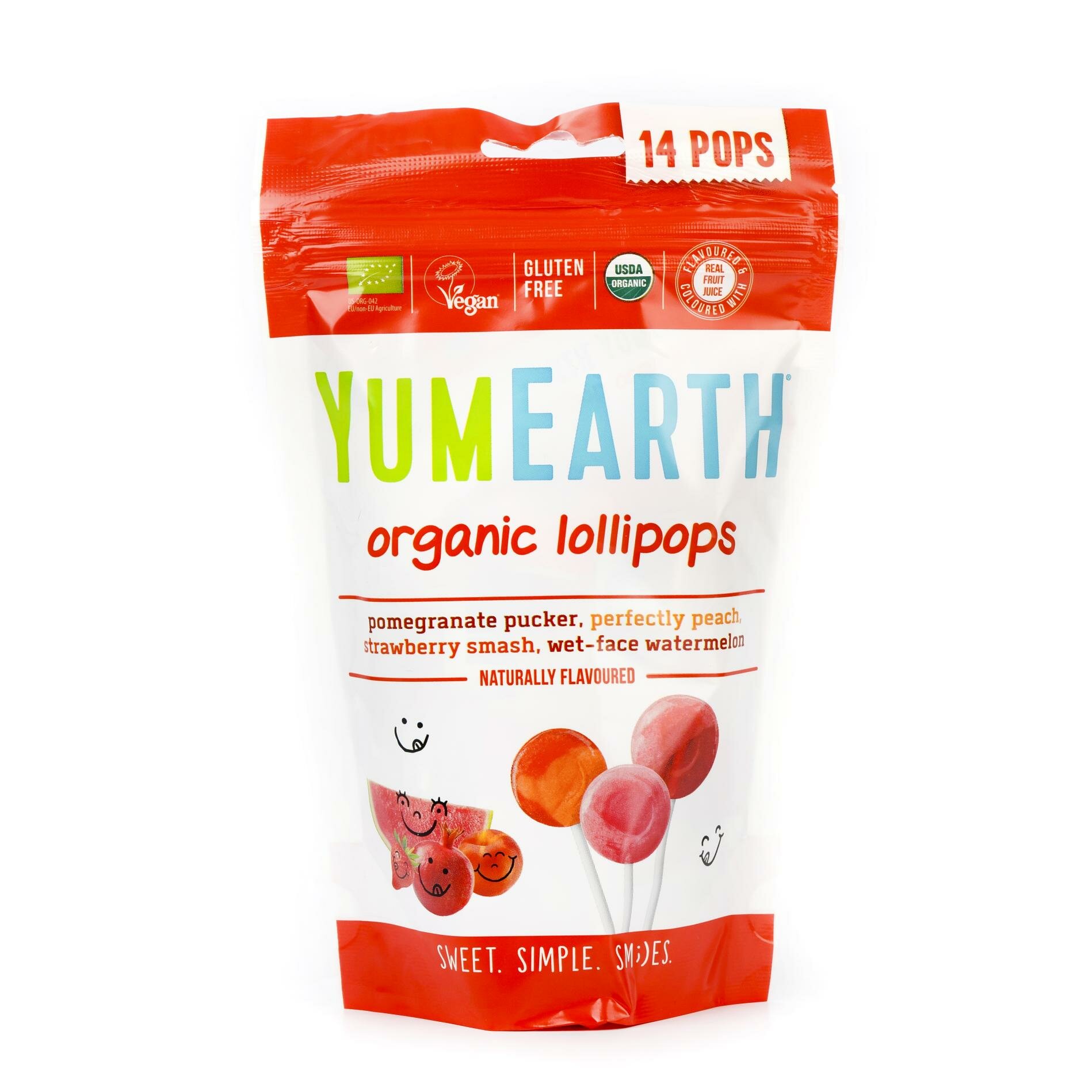 Органическая карамель Organic Fruit Popps на палочке со вкусами Клубника, Арбуз, Персик, Гранат Yum Earth