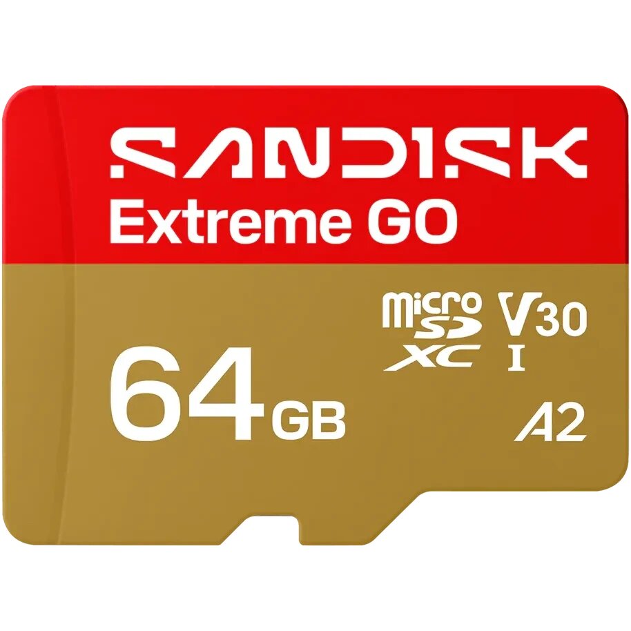 Карта памяти microSDXC 64 ГБ SanDisk Extreme GO, UHS-I U3 V30 A2 Class 10, чтение до 170 МБ/с, запись до 80 МБ/с, для экшн-камеры, дрона и GoPro, с SD-адаптером (SDSQXGN-064G-GN6MN)