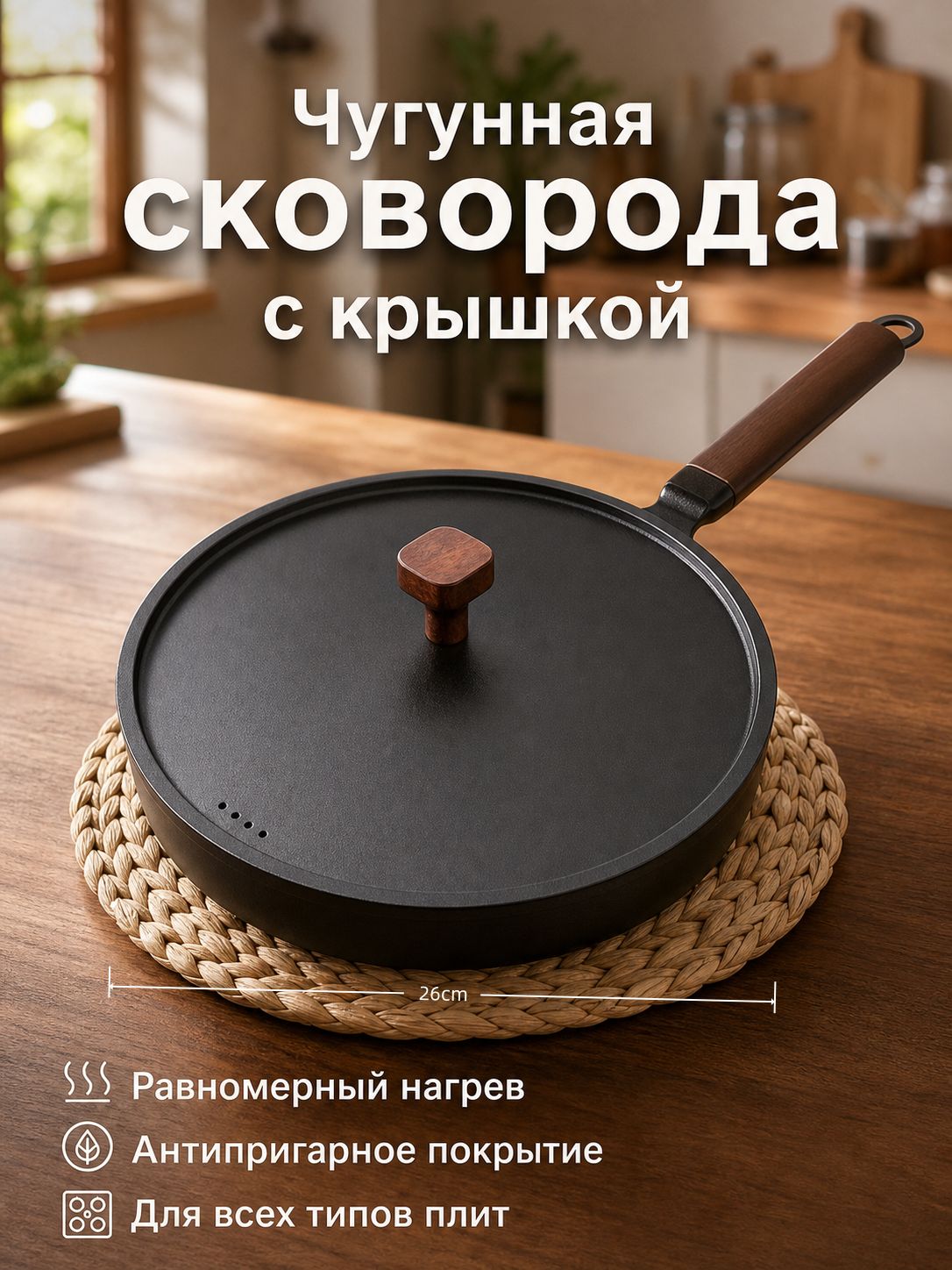 Сковорода чугунная 26 см с крышкой, без покрытия, для блинов и стейков, подходит для всех плит