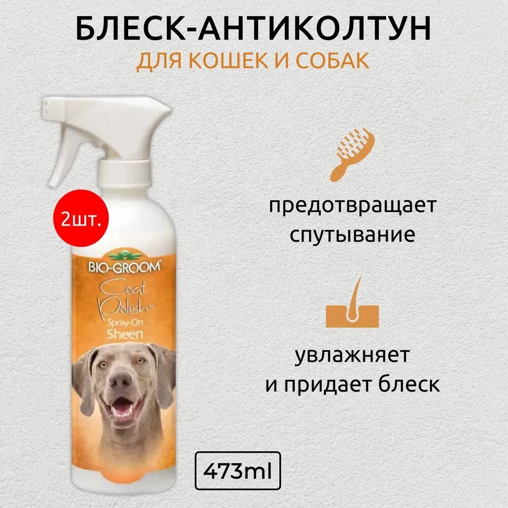 Bio-Groom Coat Polish 946 мл (2 упаковки по 473 мл) блеск-антиколтун для шерсти. Био-Грум. Средство для ухода за шерстью