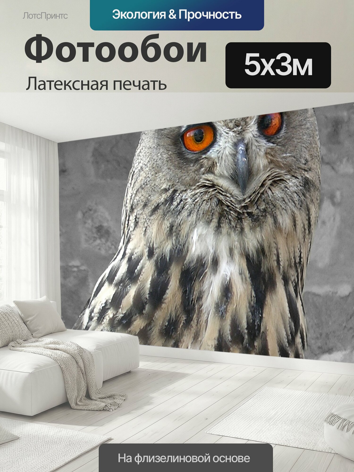 Фотообои моющиеся ударопрочные "Зрелище Филин с высоты птичьего полета. птицы добычу сова перья клюв глаз коричневый черный оранжевый серый Raptor" 500x300 см. латексная печать