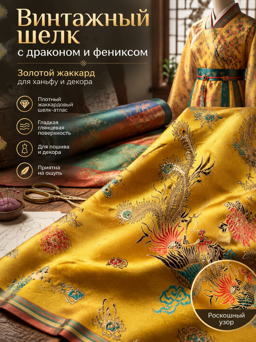 Отрез винтажного шёлка с фениксом и драконом, золотой жаккард, ткань для ханьфу и декора