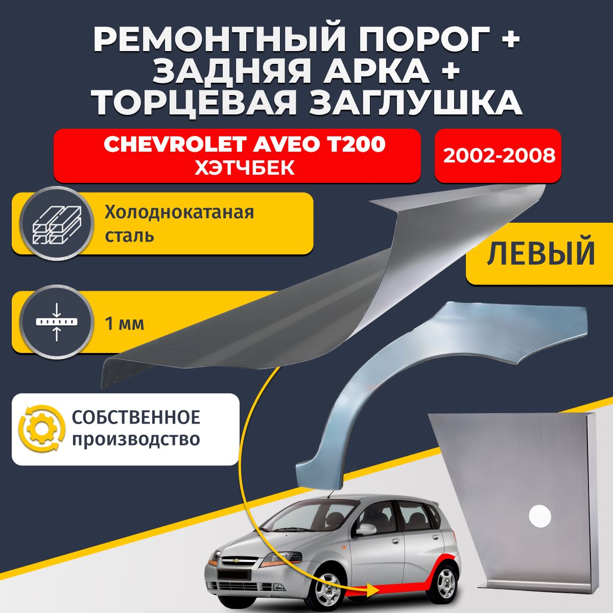 Левая задняя ремонтная арка (0,8 мм) и левый стандартный ремонтный порог (1 мм) + торцевая заглушка (1 мм) на Chevrolet Aveo T200 2002-2008 хэтчбек 5 дверей (Шевроле Авео Т200). Холоднокатаная сталь