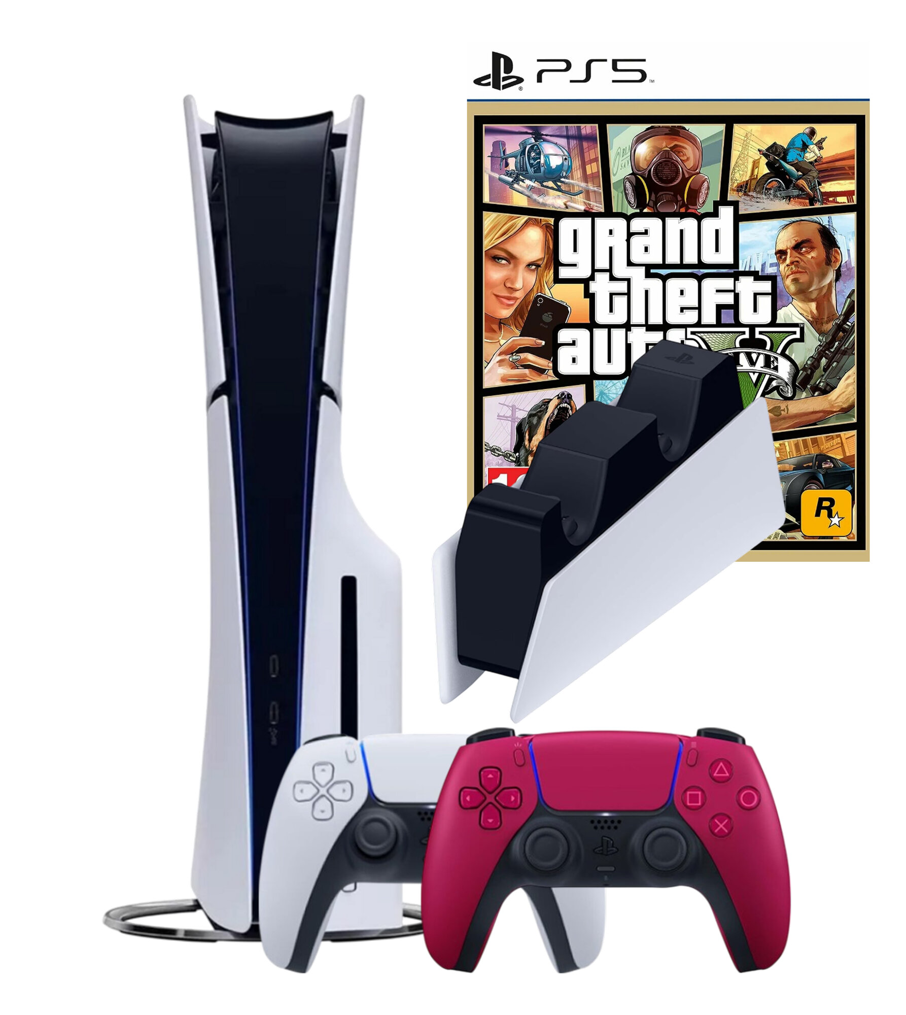 Игровая приставка Sony PS5 Slim + 2й геймпад красный + игра GTA + станция зарядки