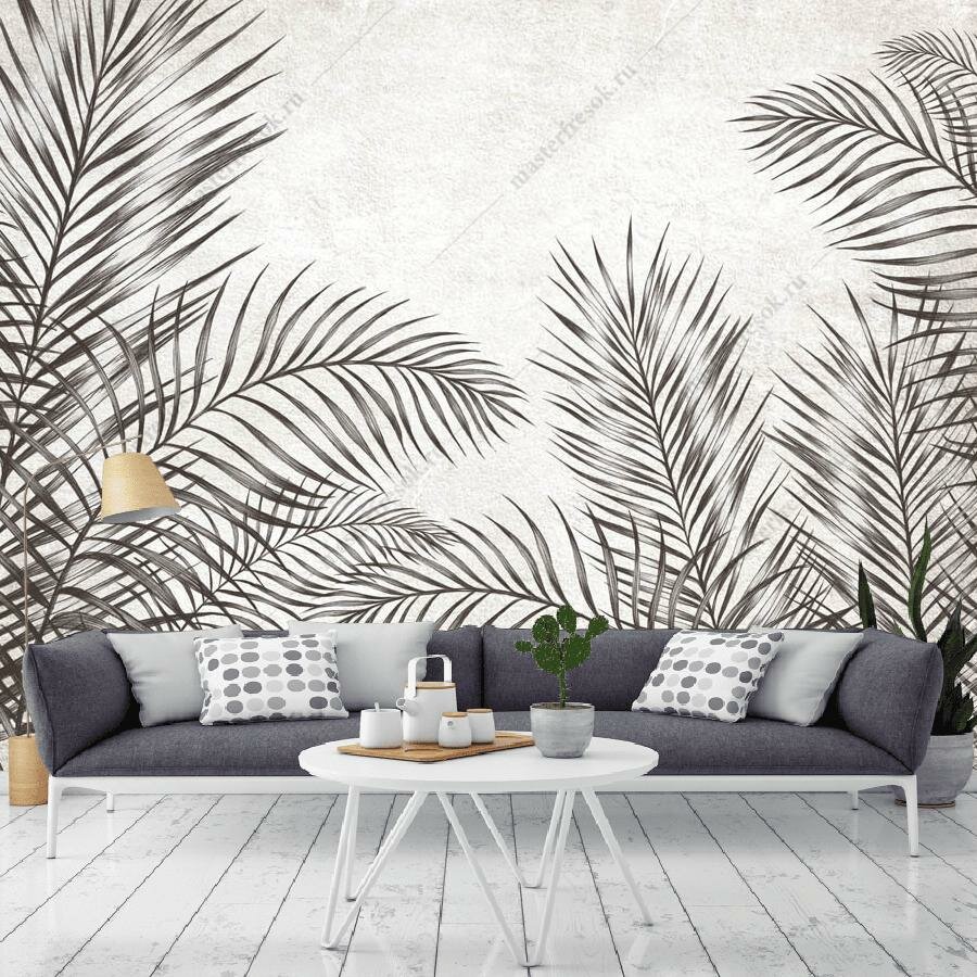 Фотообои Черно-белые листья 10-761-S-Флок 270 x 200 см (ВхШ) Бесшовные, флизелиновые, влагостойкие обои MasterFresok