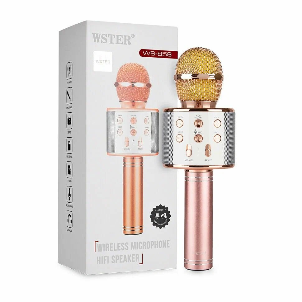 Караоке колонка с микрофоном, микрофон блютуз bluetooth, 4 стиля голоса, 5 ч работы, розовое золото