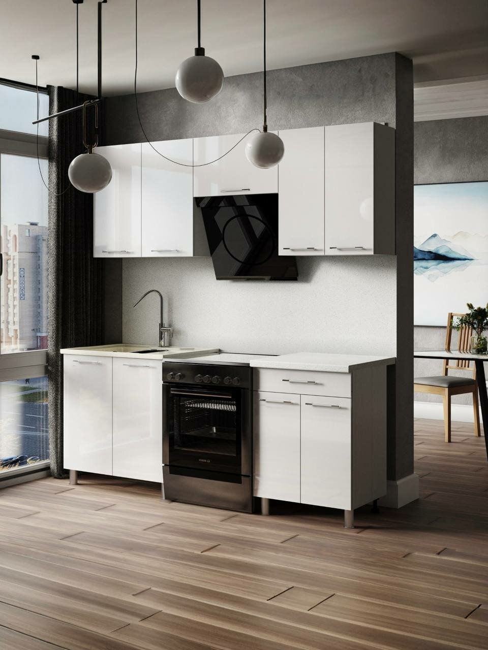 Кухонный гарнитур с окапом Танго МДФ 2м белый глянец без столешницы