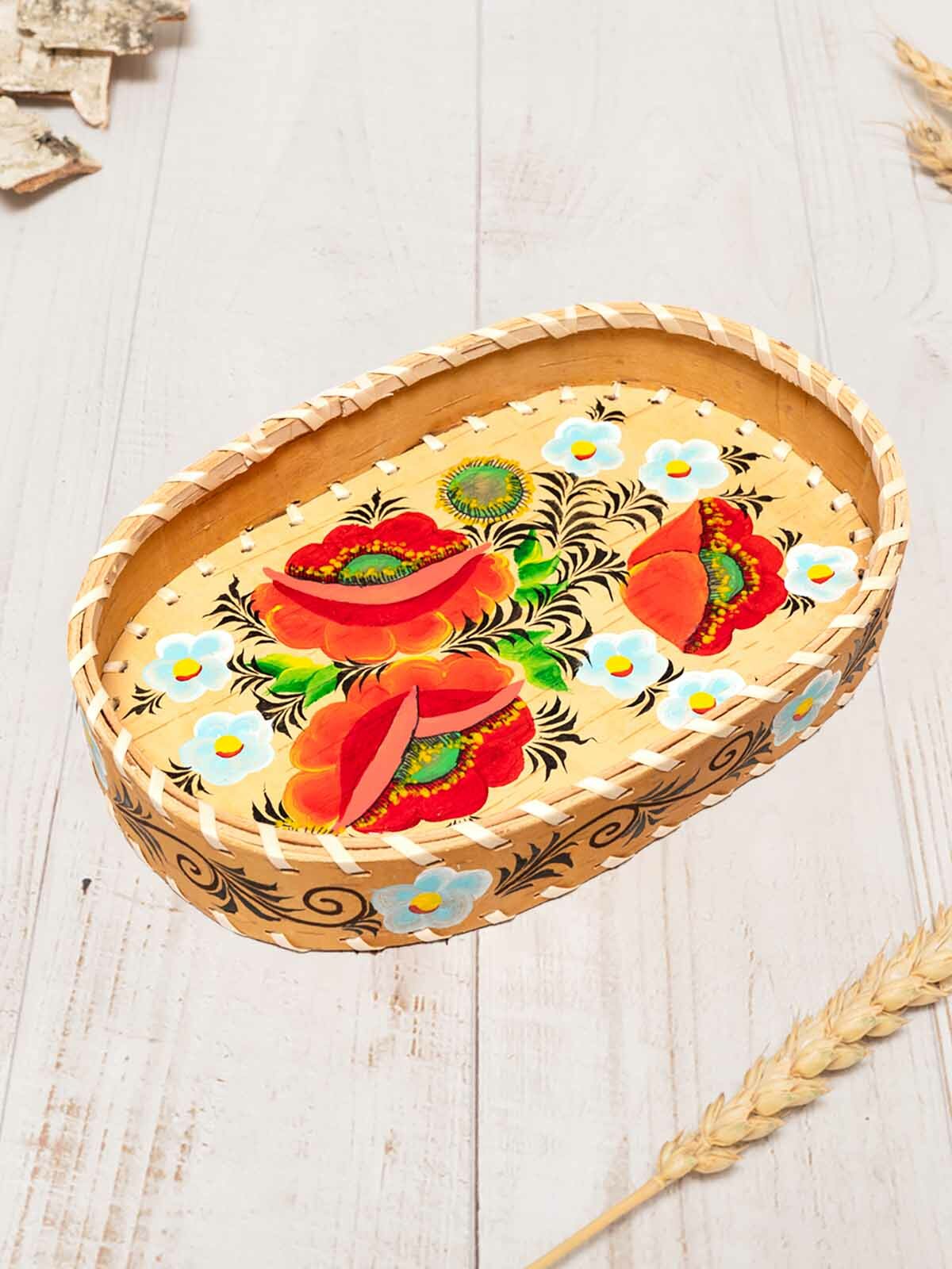 Тарелка - Сухарница Цветы, роспись, береста, 22х15х3,5 см