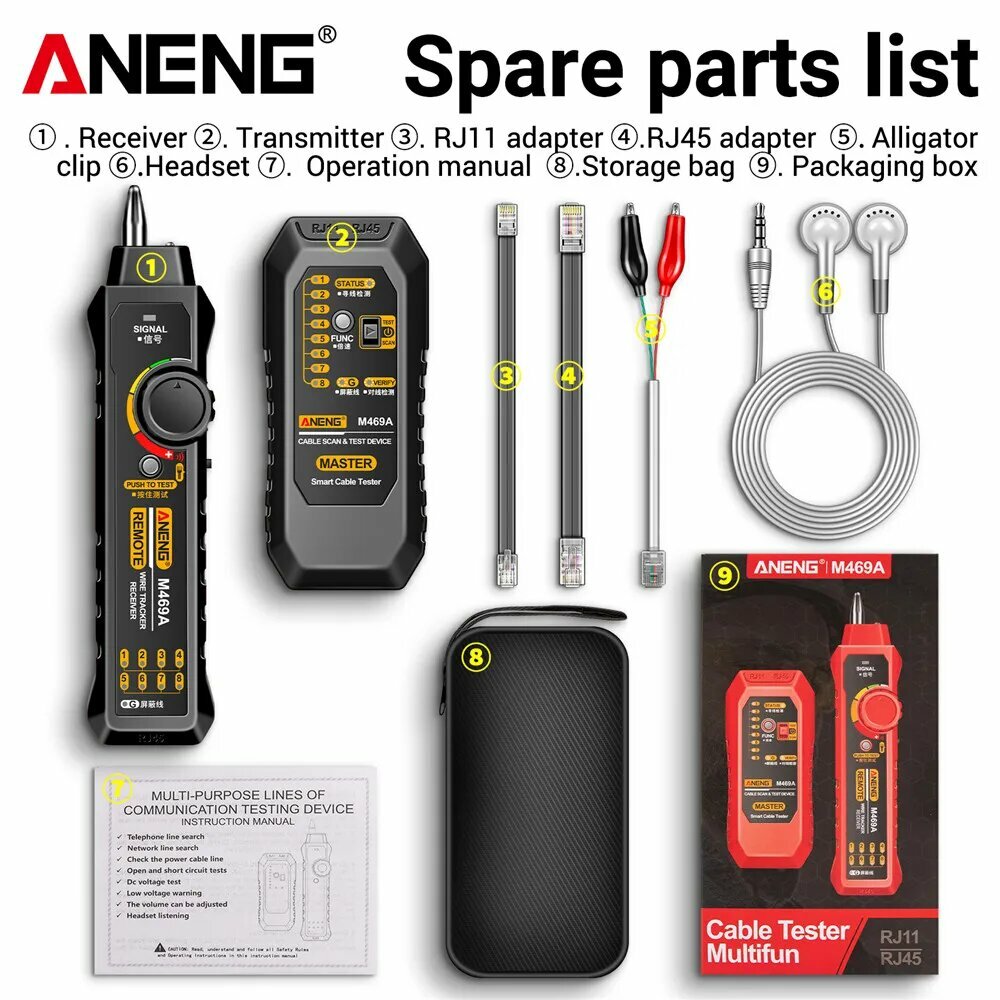 ANENG M469A Тестер сетевых кабелей, Черный