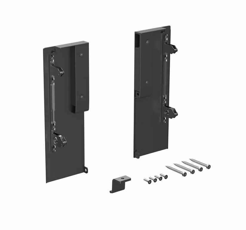 Комплект креплений передней панели Alphalux для внутреннего метал. ящика Crystal высота H, антрацит (крепления L+R, уголок соединительный панели и дна, винты)