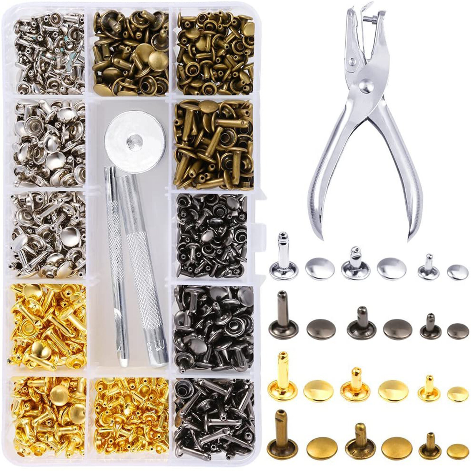 360 Sets 3 Sizes Leather Rivets Double Cap Rivet Tubular Metal Studs with 4 Fixing Set Tools for DIY Craft