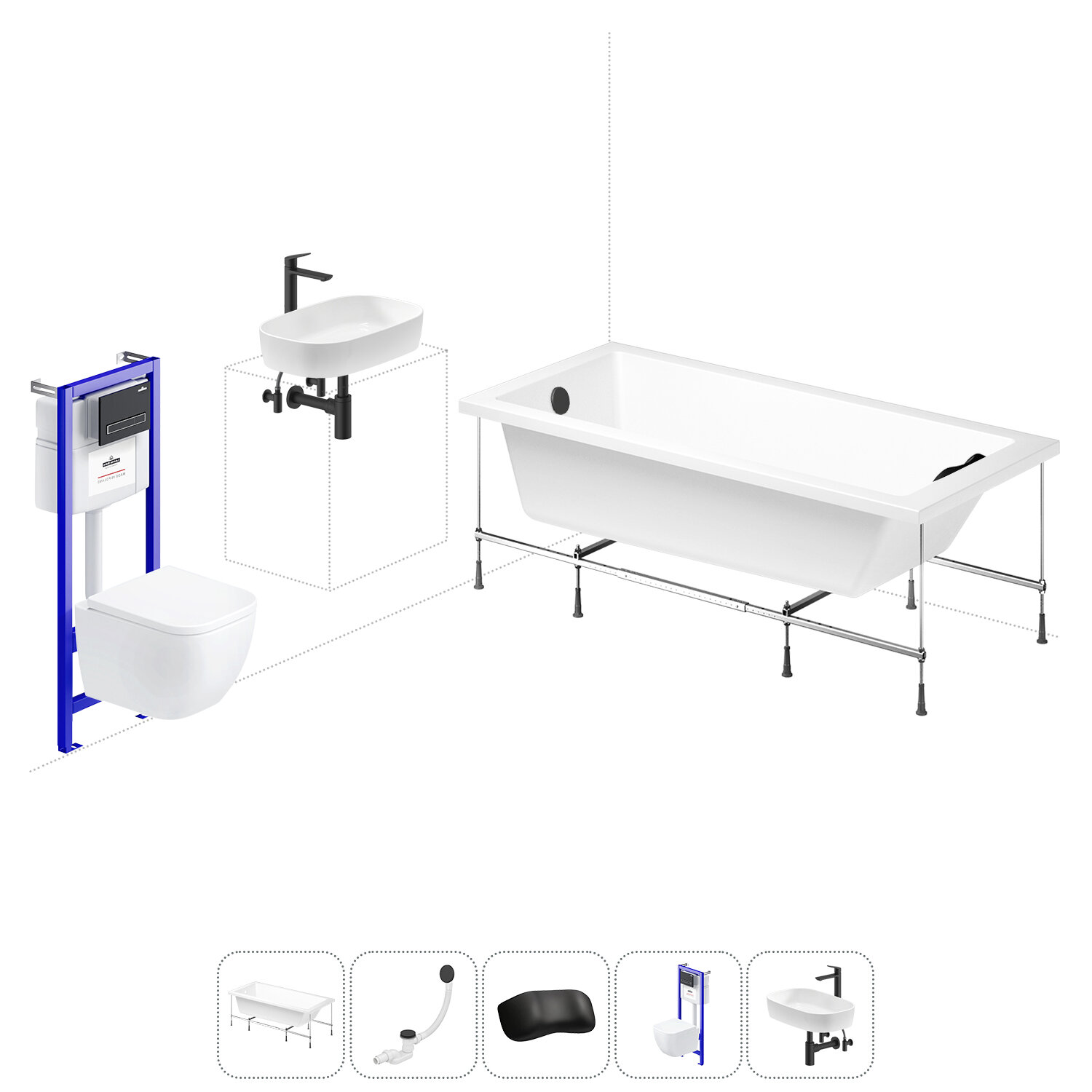 Акриловая ванна 170x80 с каркасом Lavinia Boho Catani 20221283R в наборе 6 в 1: ванна (левый разворот), ножки, слив-перелив, подголовник, унитаз в комплекте, раковина в комплекте