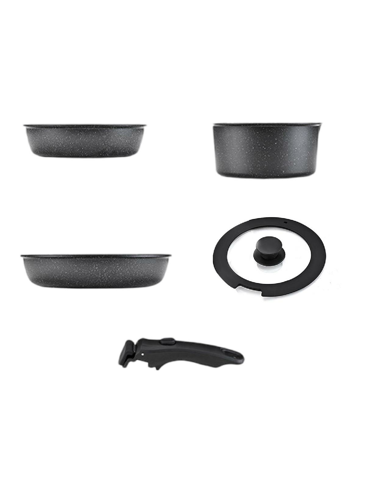 Набор антипригарной посуды для эффективной готовки, пригодный для мытья в посудомоечной машине. Кастрюли и сковородки со съемной ручкой. Кухонные принадлежности.