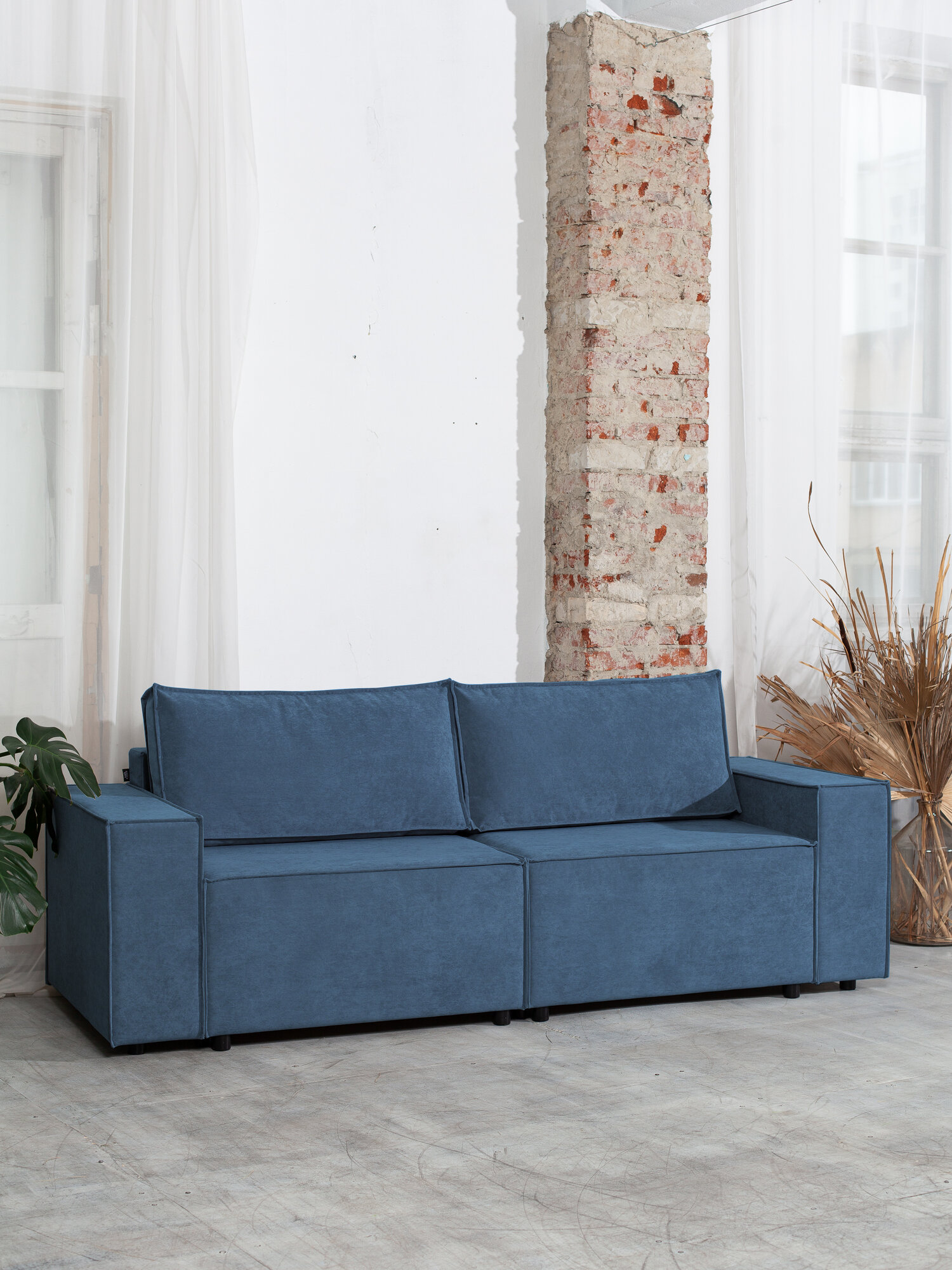 Диван-кровать, прямой диван в стиле лофт Виго New, механизм еврокнижка, 238х92х89 см, Синий