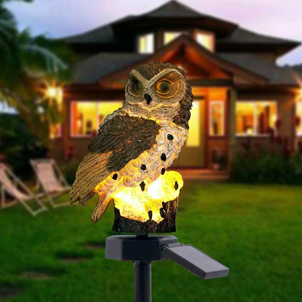 Светильник уличный на солнечной батарее Сова Филин бежевая для украшения дачи и сада