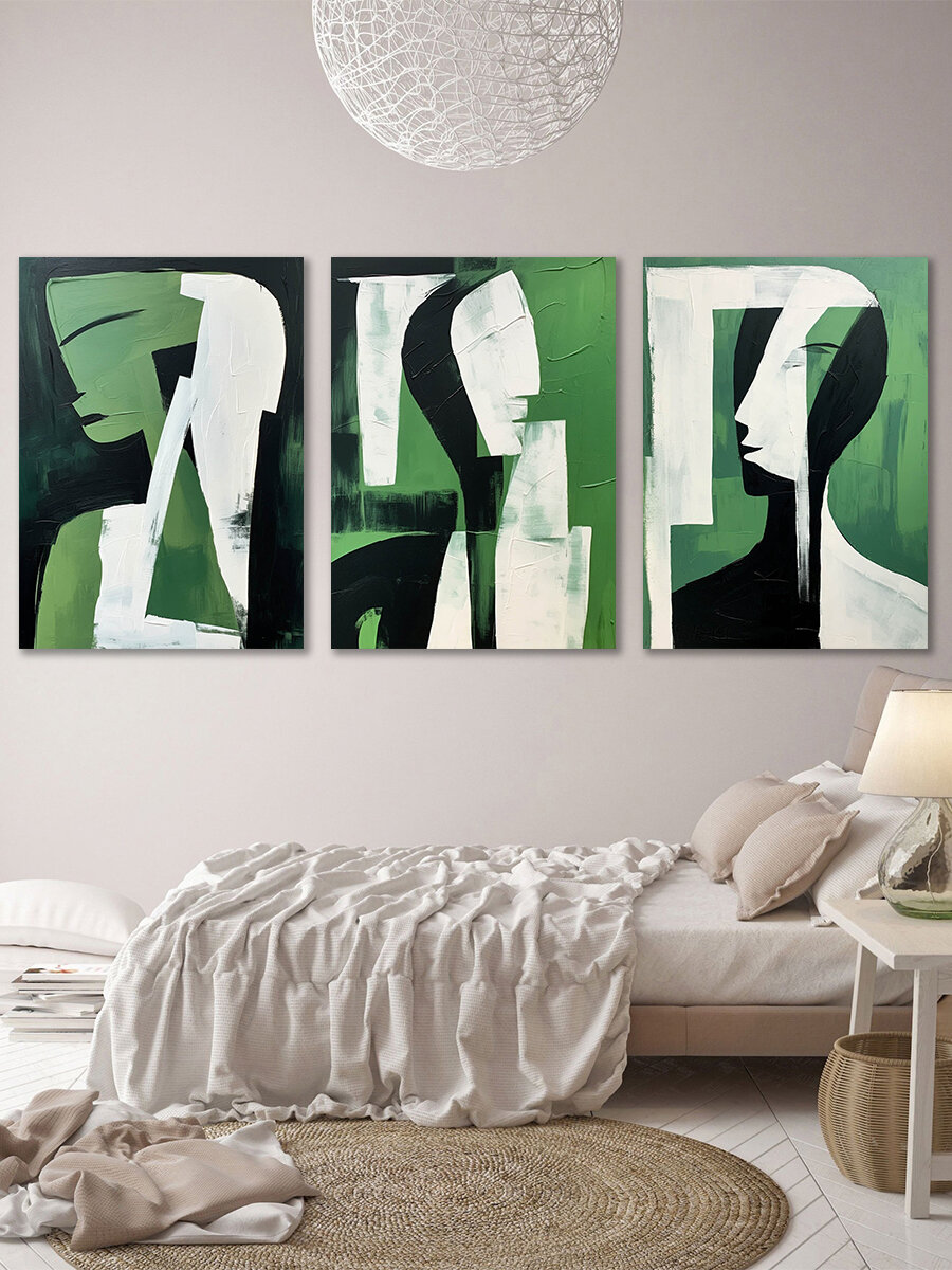 Модульные картины на стену / триптих - "Зеленая абстракция, лица и силуэты", картина 3 шт, модуль 40х90 см