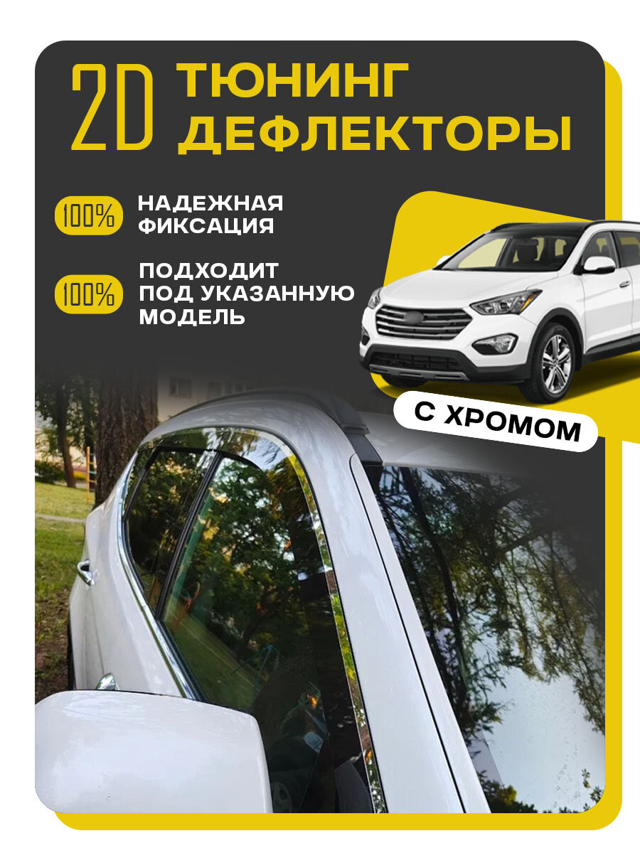 Плоские тюнинг дефлекторы для Hyundai Santa Fe 3 (2012-2018) Ветровики для Хендай Санта Фе 3 поколение / 2d дефлекторы. Комплект 6 шт. с хромом