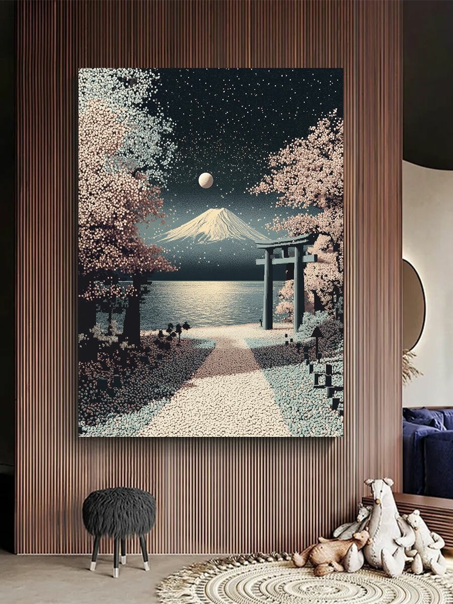 Картина на стену для интерьера - "Пейзаж в японском стиле / гора Фудзи и сакура" , 20х30 см.