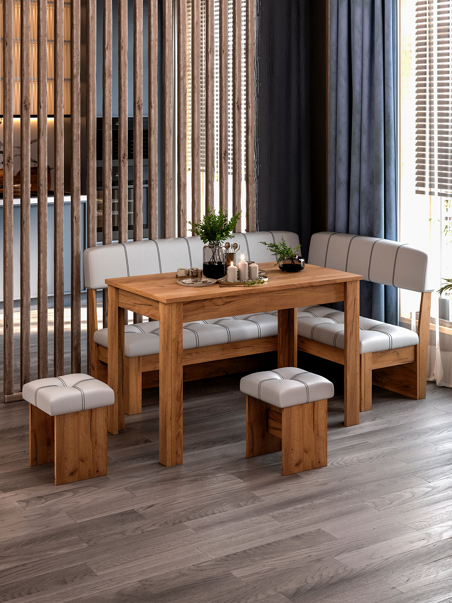 Кухонный уголок со столом и табуретами Альфа (Дуб крафт золотой/Белый кожзам)