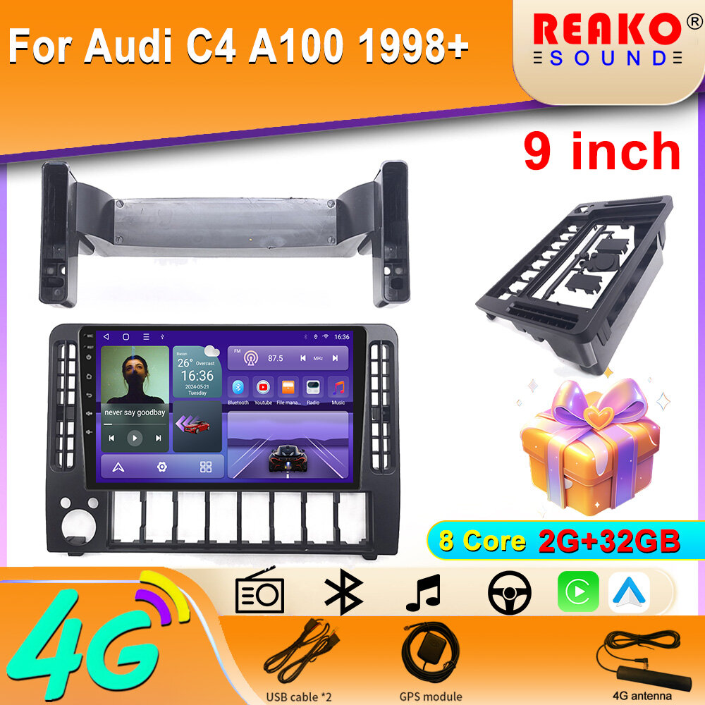 Магнитола для Audi C4 A100 C4 1998+, 8 ядерный процессор 2/32Гб ANDROID 11, QLED экран 9 дюймов, Carplay, автозвук DSP, Wifi, 4G