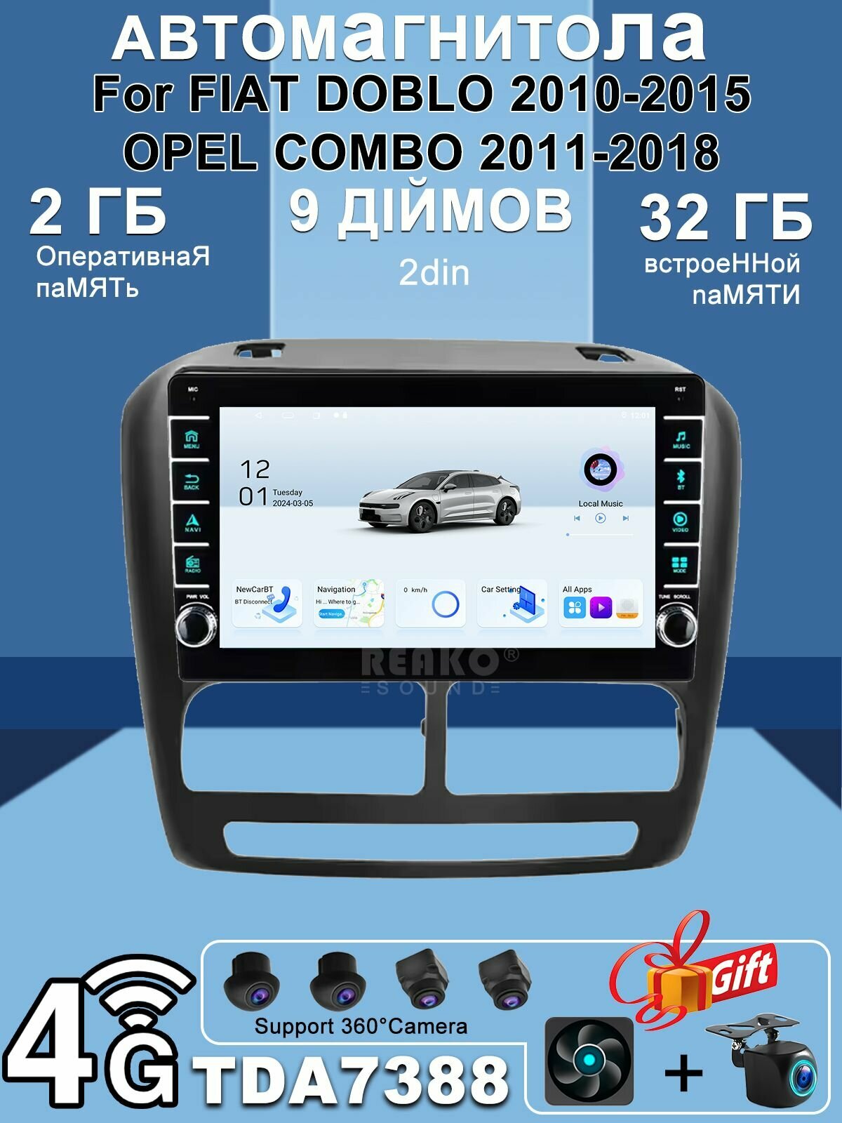 Магнитола для FIAT DOBLO 2010-2015/OPEL COMBO 2011-2018 с крутилками, Тойота Королла + Переходная рамка / андроид магнитола