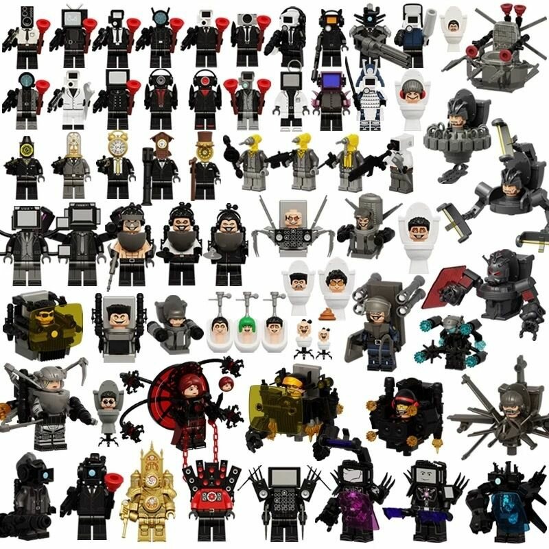 Фигурки-конструкторы (совместимы с Лего): девушка-камера с кошачьими ушами, большой телевизор-человек, большой фотограф, туалет-человек — набор из 12 случайных моделей (для мальчиков)