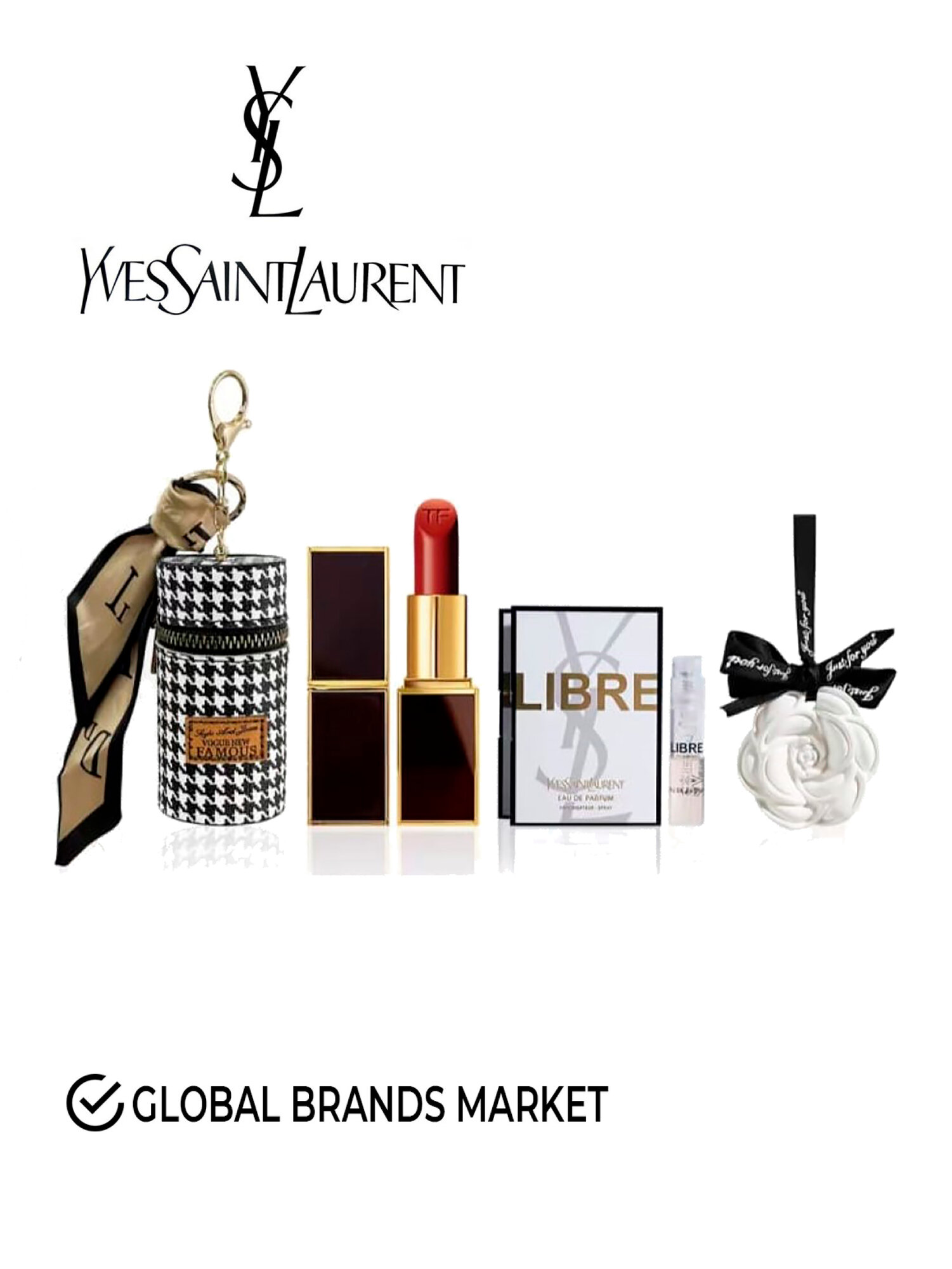 Подарочный набор: Помада Tom Ford 16 ScarletRouge, арома кулон, футляр-брелок, духи Yves Saint Laurent Libre