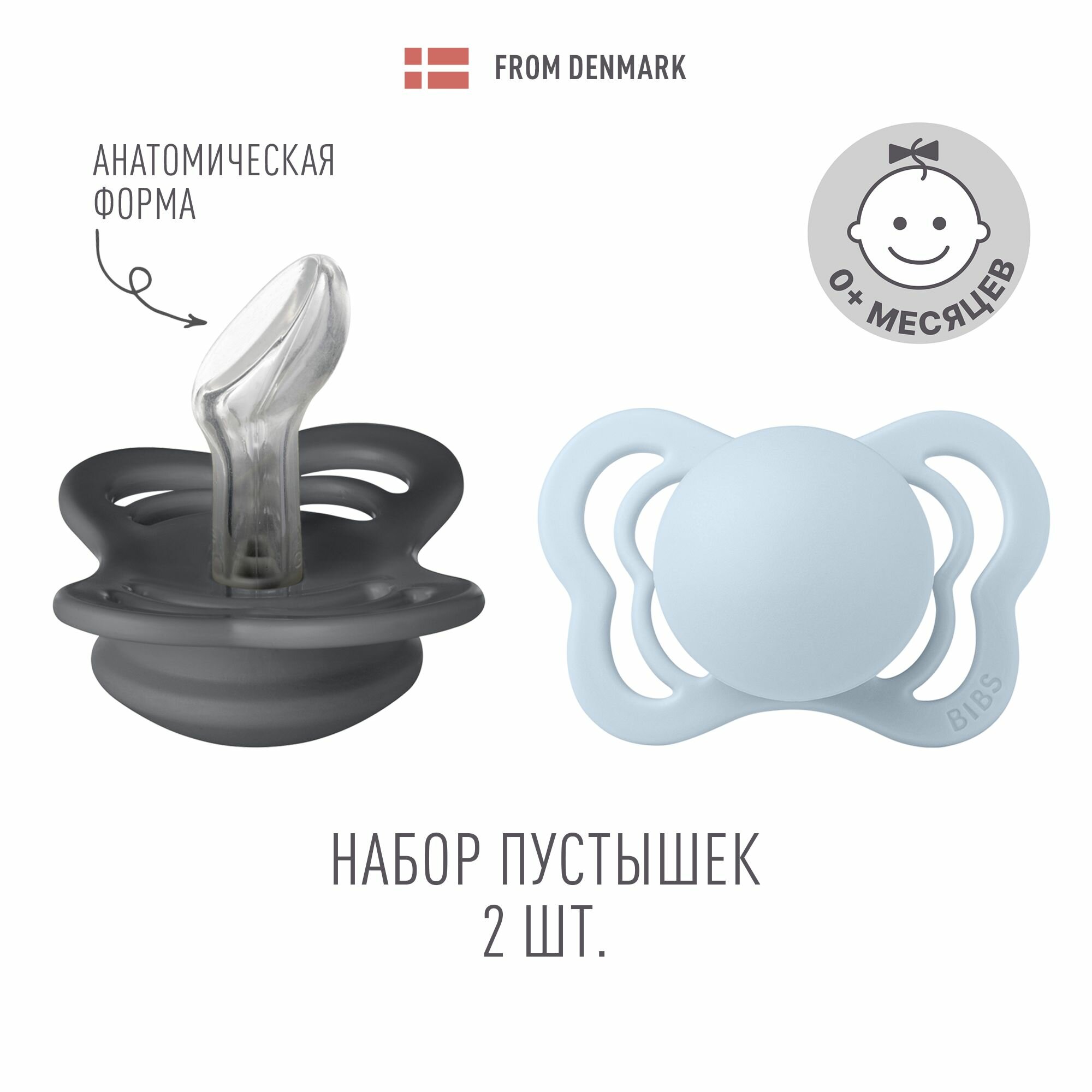 Набор 2 шт. Соска-пустышка силиконовая BIBS Couture Silicone: Iron/Baby Blue, 0+ месяцев