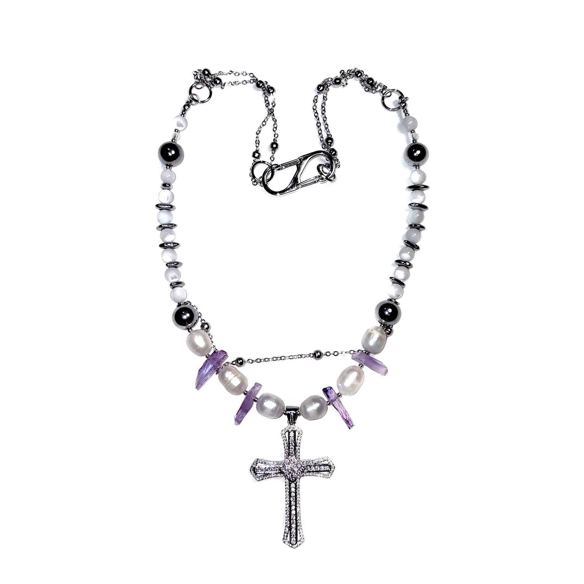 Колье, гематит, горный хрусталь, жемчуг пресноводный, лунный камень