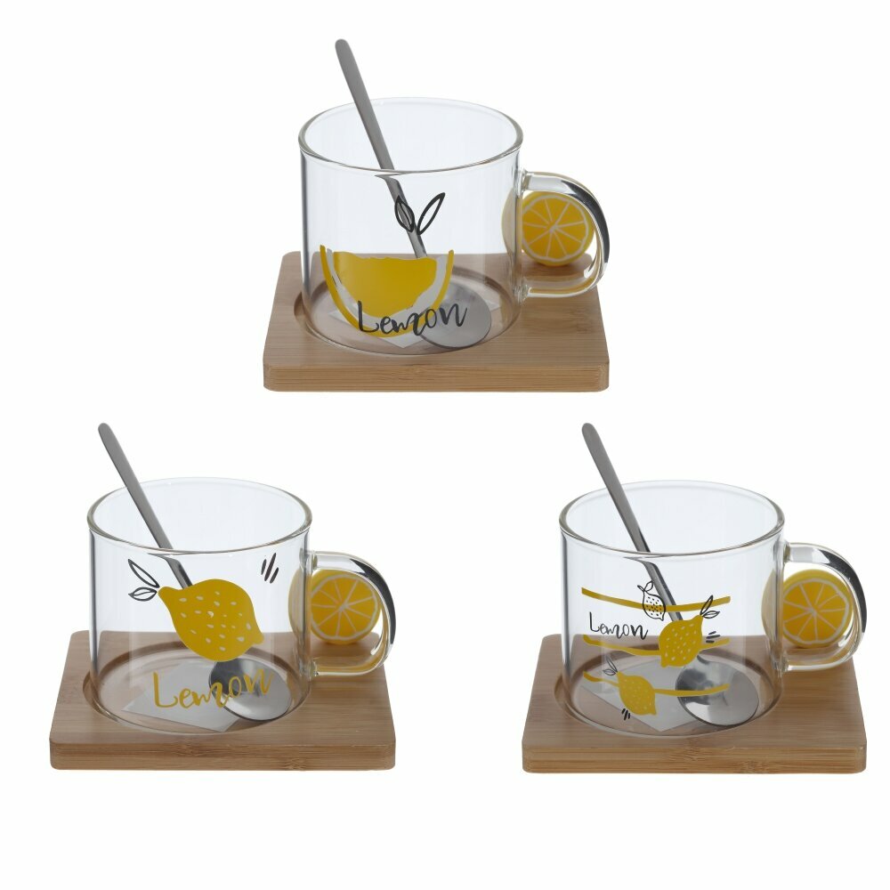 Кружка с ложкой на деревянной подставке, 250 мл, L11 W8 H6,5 см, 3в.