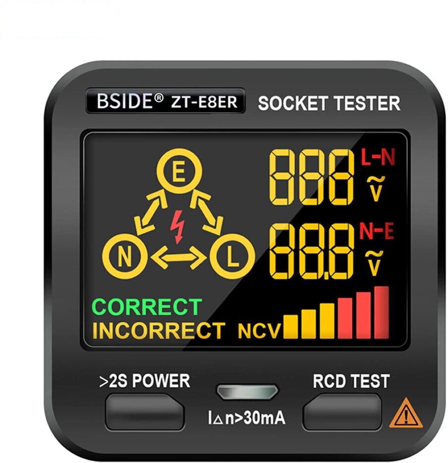 Тестер розеток и УЗО / NCV детектор напряжения / вольтметр BSIDE ZT-E8