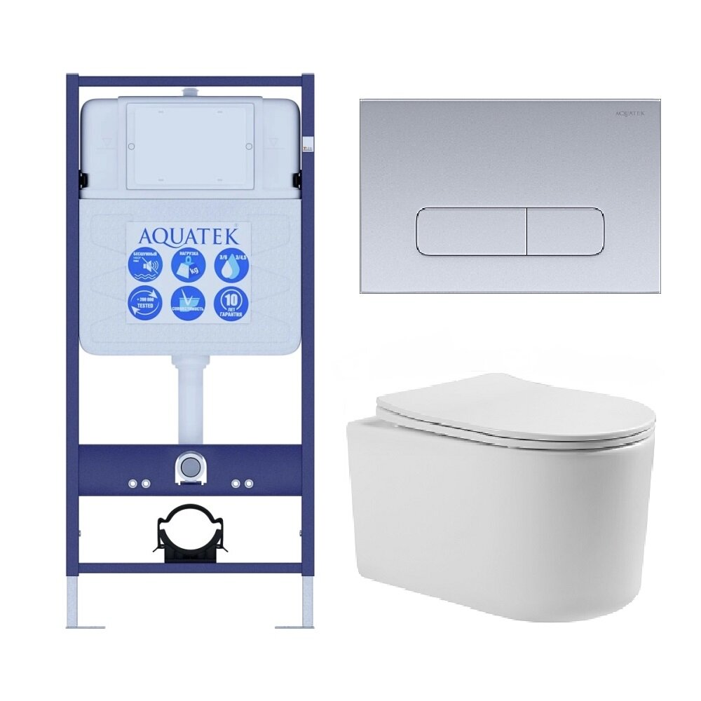 Комплект унитаз с инсталляцией, кнопкой и сиденьем микролифт Aquatek Мия Set Aquatek Мия-014 3в1 безободковый