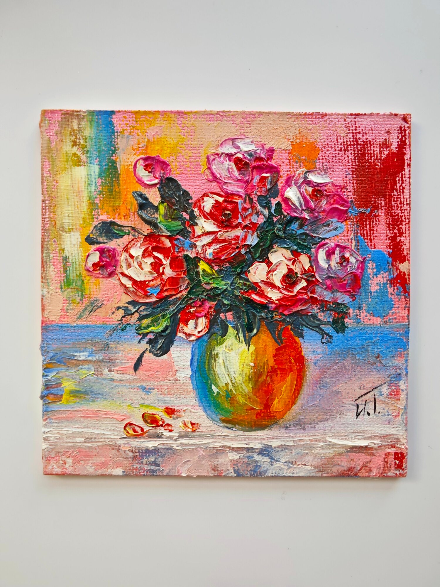 Мини картина маслом на холсте "Розовый букет", 10х10см ручная работа