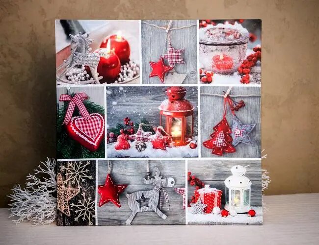 Светящееся настенное панно праздничное ассорти с LED-огнями, 50x50 см, батарейки, Kaemingk