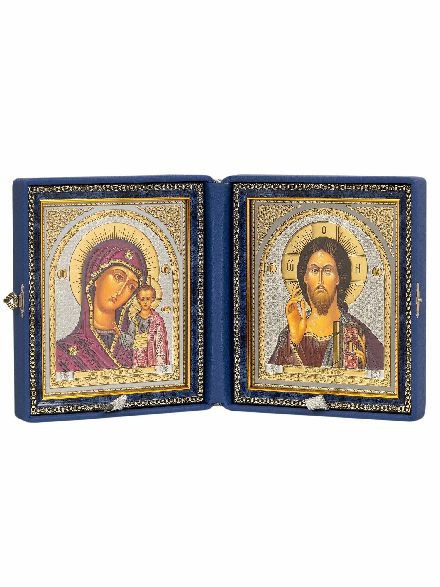 Складень венчальный. Синяя кожа, узорные вышитые уголки и крест, 21,5х19х5,5см